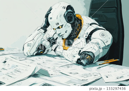 Pensive Robot Overwhelmed by Documentation and...のイラスト素材 [133297436 ...