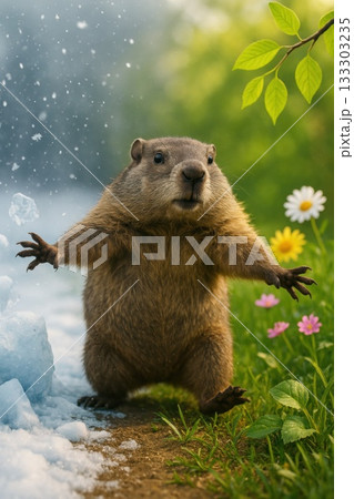 A surprised groundhog stands between melting...のイラスト素材 [133303235] - PIXTA
