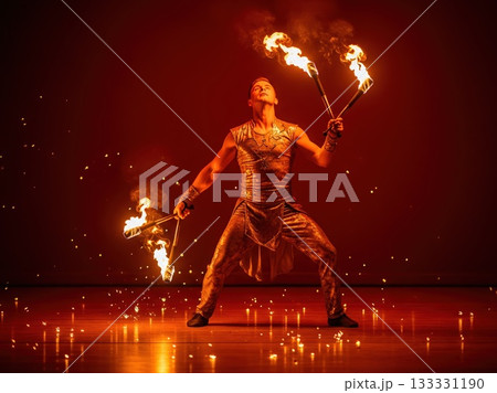 Fiery circus act with strong performer juggling...のイラスト素材 [133331190 ...