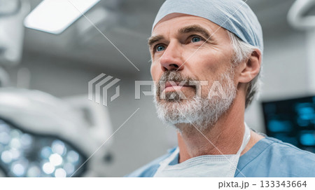 A male surgeon takes a thoughtful pause in the...のイラスト素材 [133343664 ...