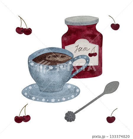 Watercolor coffee and jam set. Blue cup of...のイラスト素材 [133374820] - PIXTA
