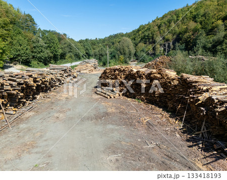 Stacked raw logs prepared for lumber...の写真素材 [133418193] - PIXTA