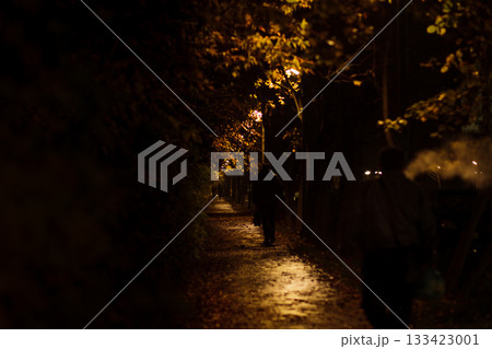 People stroll down a dimly lit pathway...の写真素材 [133423001] - PIXTA