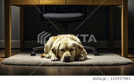 Labrador dog resting under a wooden desk in a...のイラスト素材 [133437961] - PIXTA