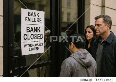 People wait at a bank door beside a sign: "BANK...のイラスト素材 [133453621 ...