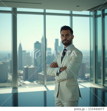 Man in suit watches over the city from high...のイラスト素材 [133488977] - PIXTA