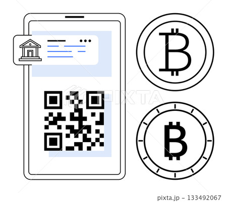 Smartphone displaying a QR code with bank icon...のイラスト素材 [133492067 ...