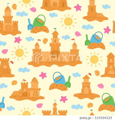 Yellow sand castles on beach seamless pattern....のイラスト素材 [133504125 ...