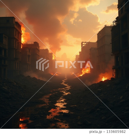 Burning cityscape at dusk with thick smoke and...のイラスト素材 [133605982 ...