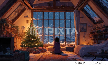 Cozy Winter Evening in an Anime-Inspired Atticのイラスト素材 [133723750] - PIXTA