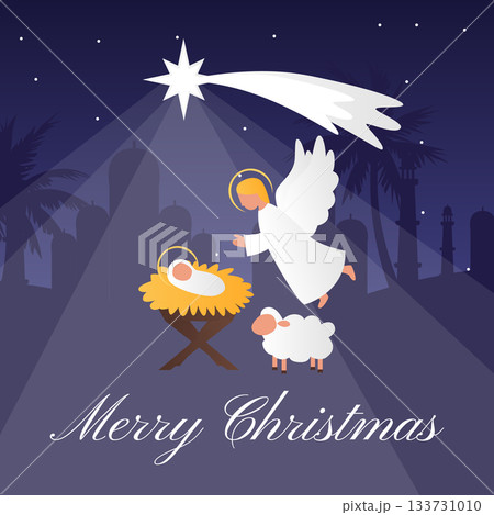 Greeting card angel and lamd watching over baby...のイラスト素材 [133731010 ...