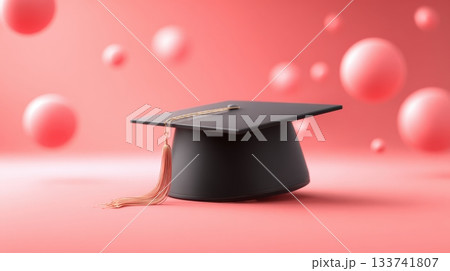 Black graduation cap with tassel on a soft pink...のイラスト素材 [133741807 ...