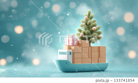 Festive cargo ship adorned with a Christmas...のイラスト素材 [133741854] - PIXTA