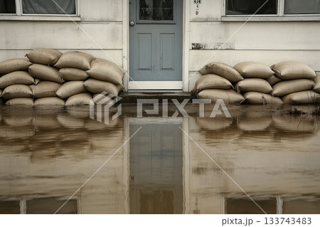 Close Up View of Sandbags Stacked Against Front...のイラスト素材 [133743483 ...