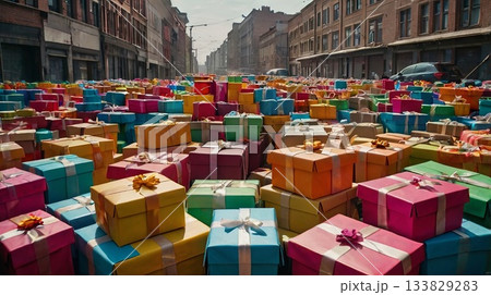 A multitude of brightly wrapped gift boxes in...のイラスト素材 [133829283] - PIXTA