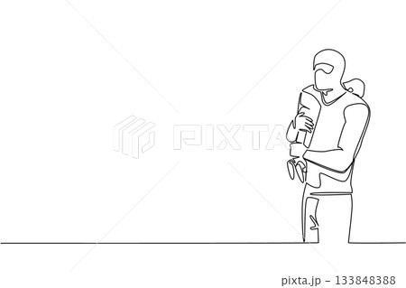 Single one line drawing a masked man carrying a...のイラスト素材 [133848388 ...