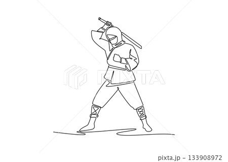Single one line drawing man ninja poised in...のイラスト素材 [133908972] - PIXTA