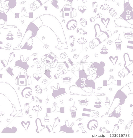 Seamless Yoga Wellness Doodle Pattern. Woman...のイラスト素材 [133916788] - PIXTA