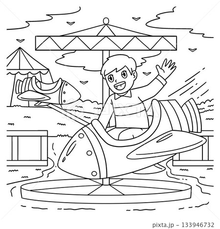 Amusement Park Boy on a Rocket Ride Coloring Page のイラスト素材 [133946732 ...