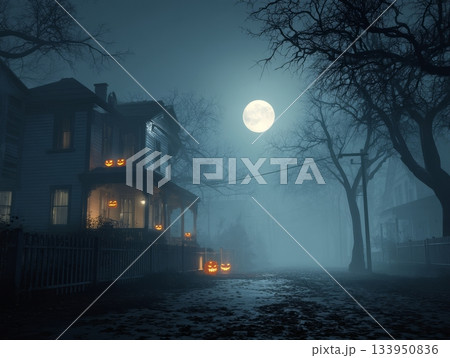 Haunted house under full moon nightのイラスト素材 [133950836] - PIXTA