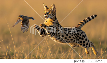 A serval is in the air, jumping high to capture...のイラスト素材 [133982548 ...
