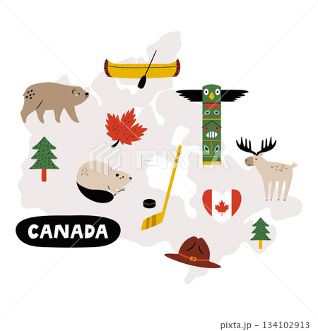 Canada Map with Cute Canadian Icons. Vector...のイラスト素材 [134102913] - PIXTA