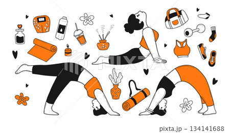 Dynamic Yoga Fitness Doodle Set. Women Athletes...のイラスト素材 [134141688 ...