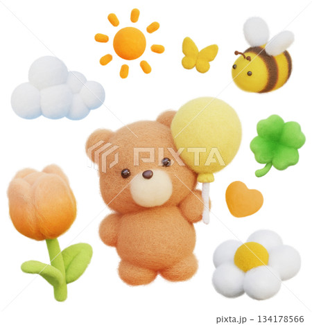 Cute Fluffy Bear with Balloon and Pastel Spring...のイラスト素材 [134178566 ...