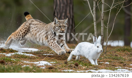 Lynx makes a fast leap while chasing a hare in...のイラスト素材 [134267619 ...