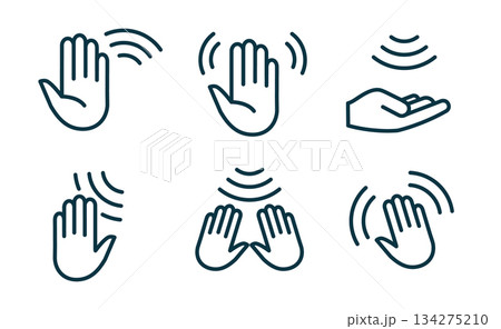 Hand wave sensor motion gesture line icon. Palm...のイラスト素材 [134275210 ...