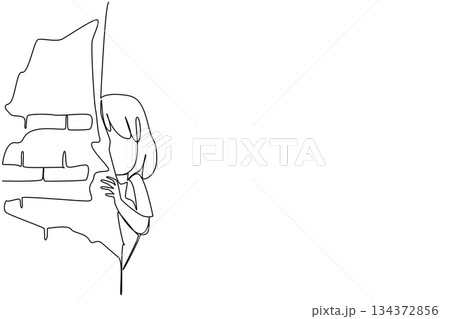 Continuous line drawing of a young girl hiding...のイラスト素材 [134372856 ...