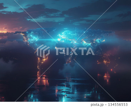 Glowing world map at dusk with clouds and water...のイラスト素材 [134556553 ...