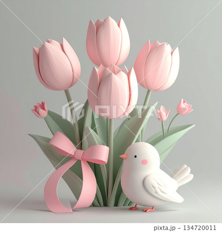Pigeon with Pink Ribbon and Tulip Decorationのイラスト素材 [134720011] - PIXTA