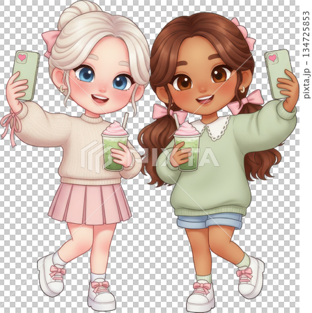 Two cheerful girls taking a selfie with matcha...のイラスト素材 [134725853 ...