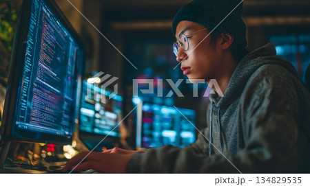 Asian tech worker coding warm digital ambianceのイラスト素材 [134829535] - PIXTA