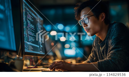 Asian tech worker coding warm digital ambianceのイラスト素材 [134829536] - PIXTA