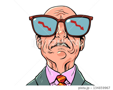A sad bald man. Red chart symbols pointing...のイラスト素材 [134859967] - PIXTA