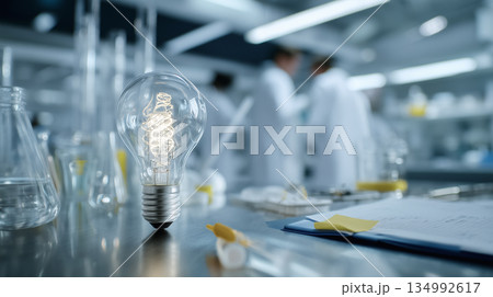 Glowing Vintage Light Bulb on Laboratory...のイラスト素材 [134992617] - PIXTA
