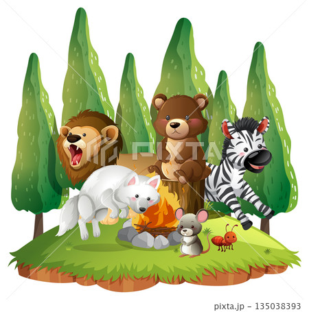 Group of Forest Animals Around Campfire in...のイラスト素材 [135038393] - PIXTA