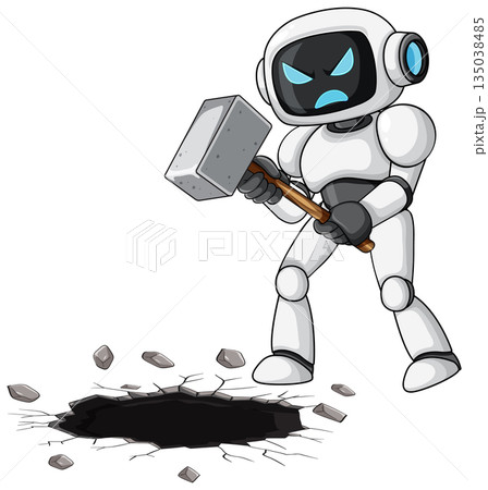 Angry Robot Smashing Ground With Large Hammerのイラスト素材 [135038485] - PIXTA