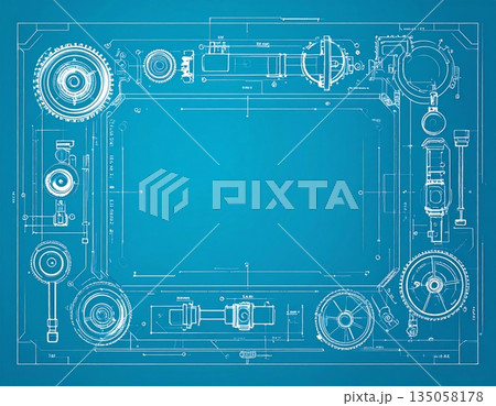 Complex White Technical Blueprint Frame on Blue...のイラスト素材 [135058178 ...