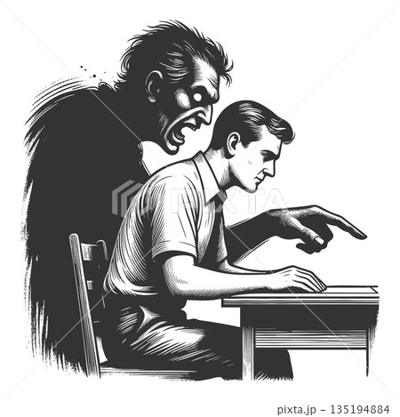 Dark shadow controlling man at desk sketch vectorのイラスト素材 [135194884 ...