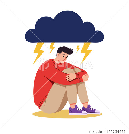 Young man feeling sad and worried under dark...のイラスト素材 [135254651] - PIXTA