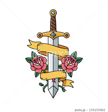 Sword with pink roses and yellow banner vintage...のイラスト素材 [135255002 ...