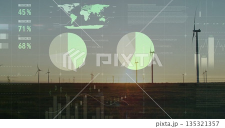 Turbine spinning on wind farm at dusk, world...のイラスト素材 [135321357] - PIXTA