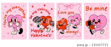 Cute Valentine Heart Characters Greeting Card Setのイラスト素材 [135457715 ...