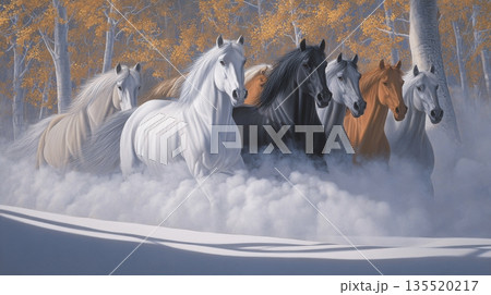 Six Playful Horses Run Through Snow With Trees...のイラスト素材 [135520217 ...