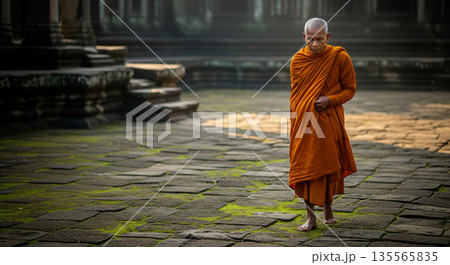 A monk walks carefully on mossy stone pavement...のイラスト素材 [135565835 ...