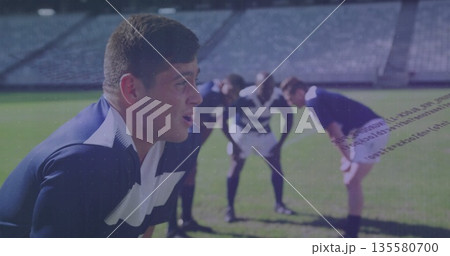 Breathing Asian rugby player stooping on grass...のイラスト素材 [135580700 ...