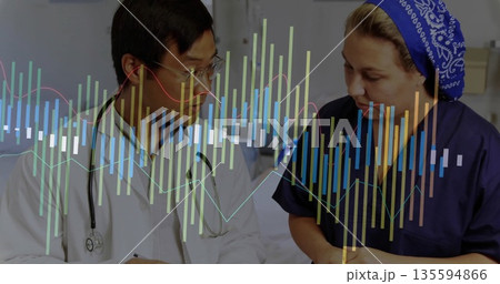 Examining chart, scrub-clad nurse and doctor...のイラスト素材 [135594866] - PIXTA